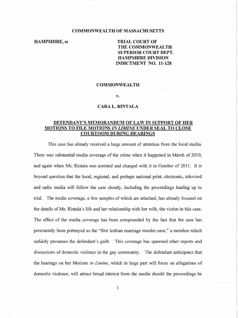 Motion by Cara Rintala Attorney David Hoose To Close Pre-Trial Hearings ...