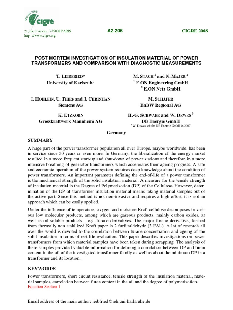 Post Mortem Investigation of Insulation Material of Power Transformers ...
