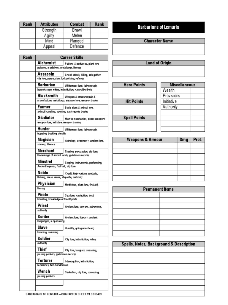 Barbarians of Lemuria RPG MH Character Sheet | PDF