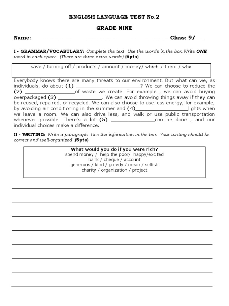 Grade 9 English Test | PDF | Language Arts & Discipline