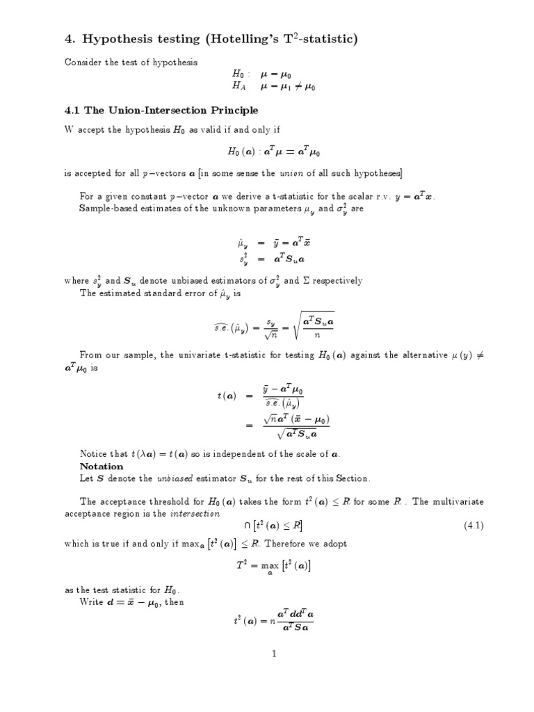 Hypothesis Testing (Hotelling's T - Statistic) : 4.1 The Union ...
