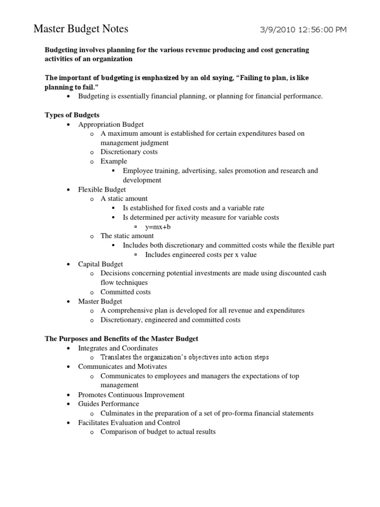 Master Budget Notes | Budget | Inventory | Free 30-day Trial | Scribd