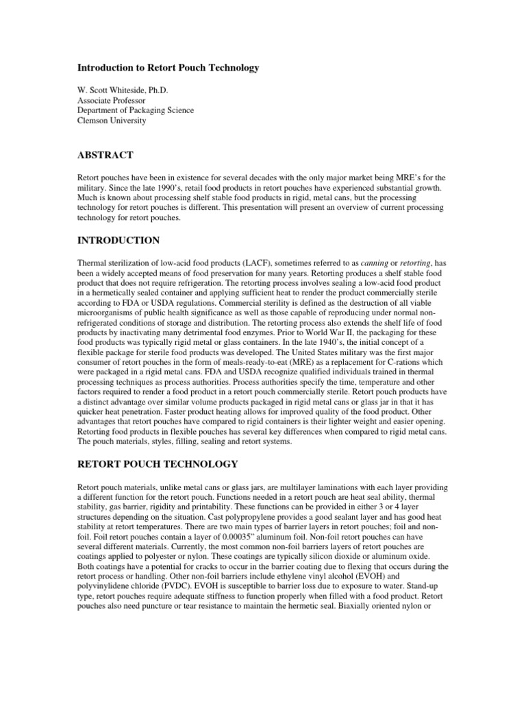 Introduction To Retort Pouch Technology | PDF | Pressure Cooking ...