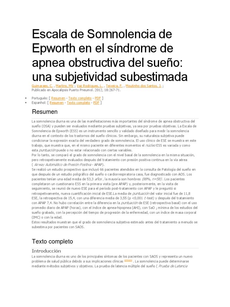 Escala de Somnolencia de Epworth en El Síndrome de Apnea Obstructiva ...