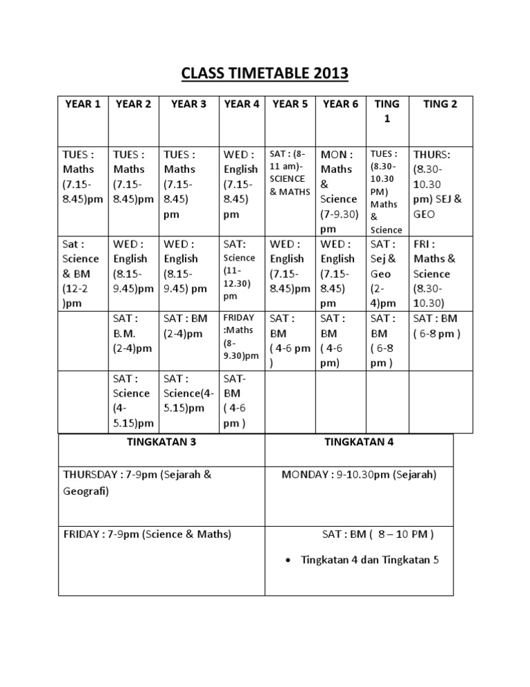 Class Timetable 2013: Year 1 Year 2 Year 3 Year 4 Year 5 Year 6 Ting 1 ...