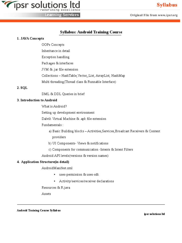 Syllabus Android Training Course 1 Java Concepts Pdf Android Operating System