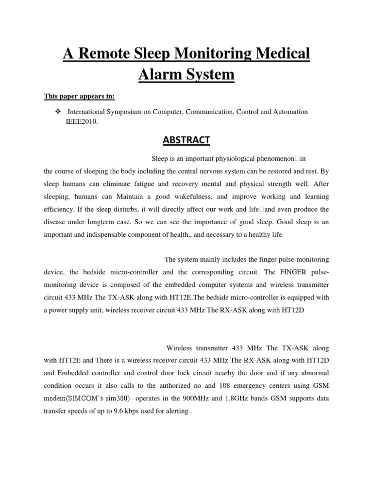 A Remote Sleep Monitoring Medical Alarm System: This Paper Appears in ...