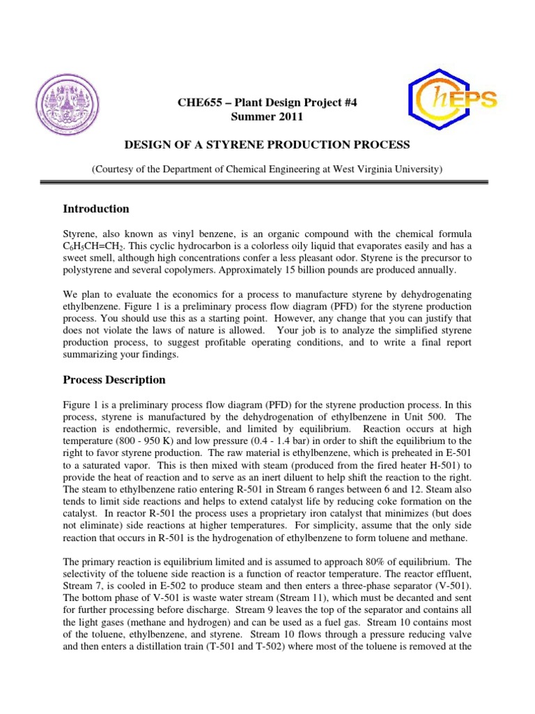 CHE655 - Plant Design Project #4 Summer 2011 Design of A Styrene ...