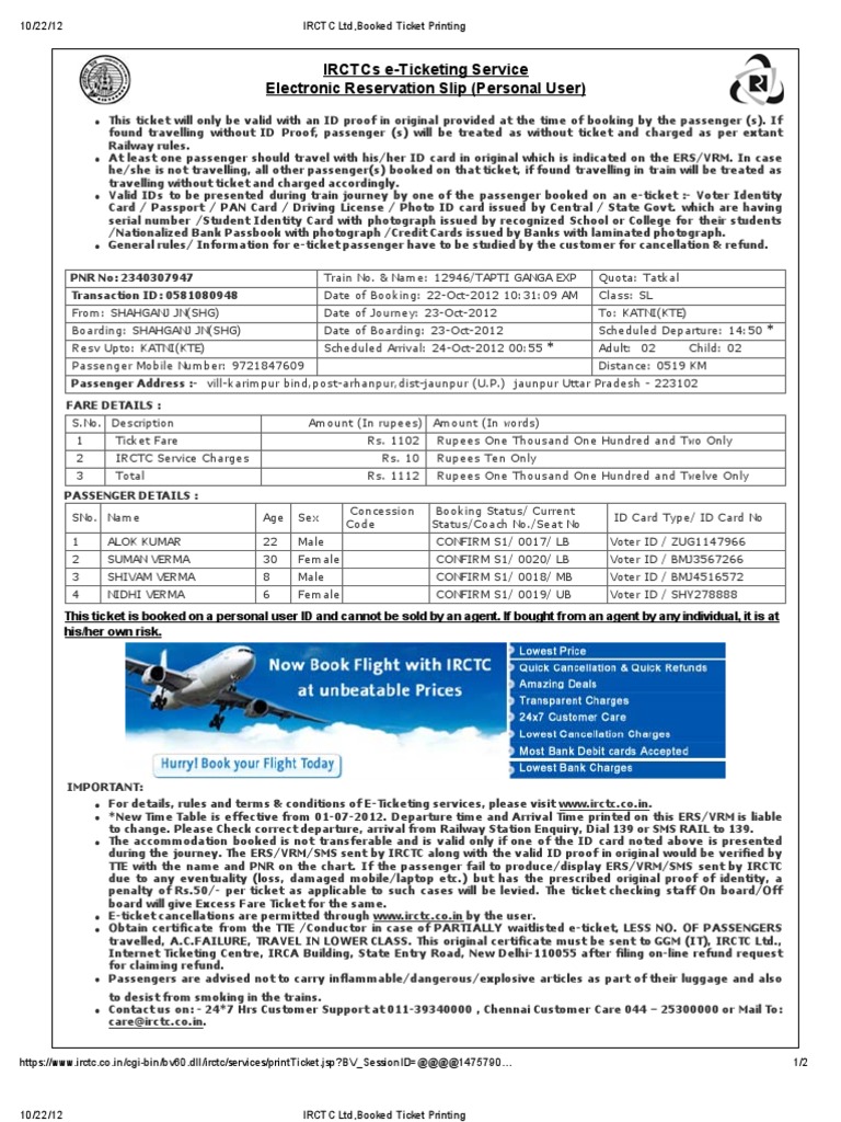 Irctcs E-Ticketing Service Electronic Reservation Slip (Personal User)