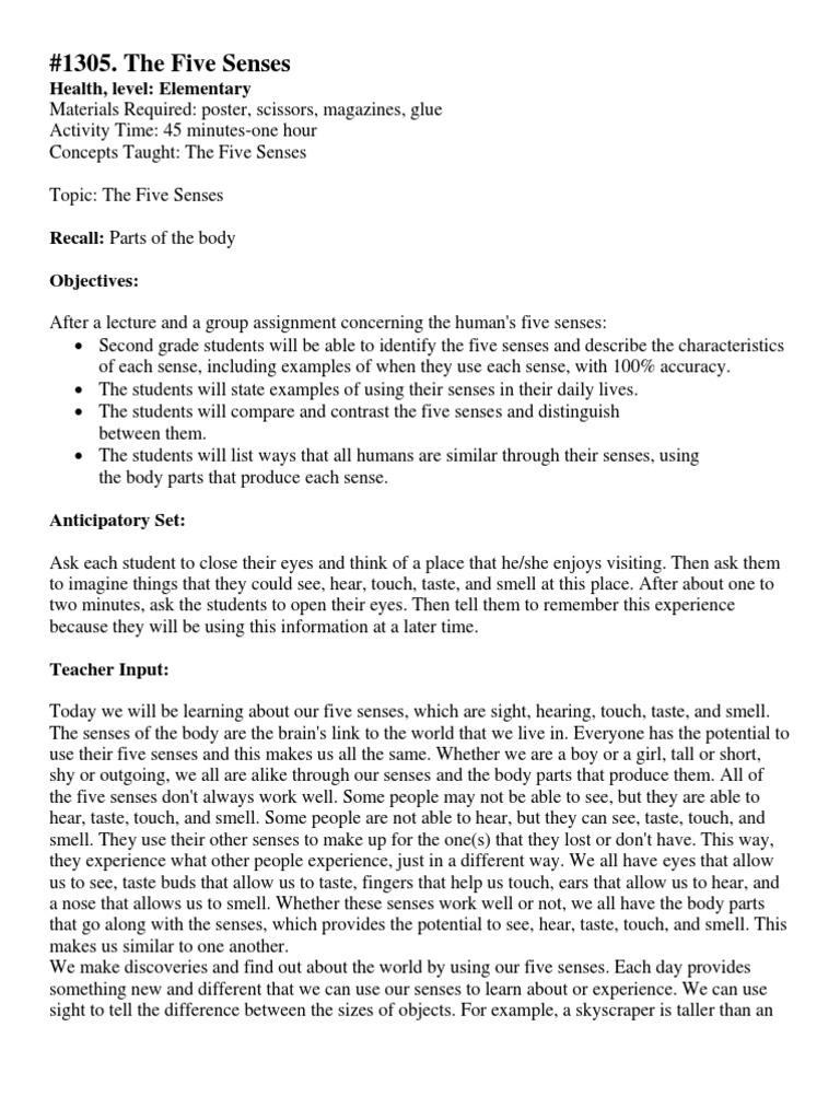 5 Senses Detailed Lesson Plan | PDF | Senses | Odor