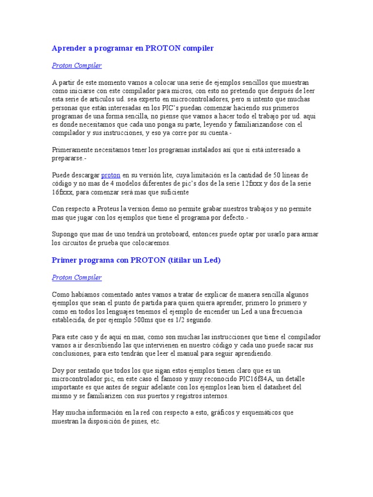 Aprender A Programar en PROTON Compiler | PDF | Microcontrolador Pic | Microcontrolador