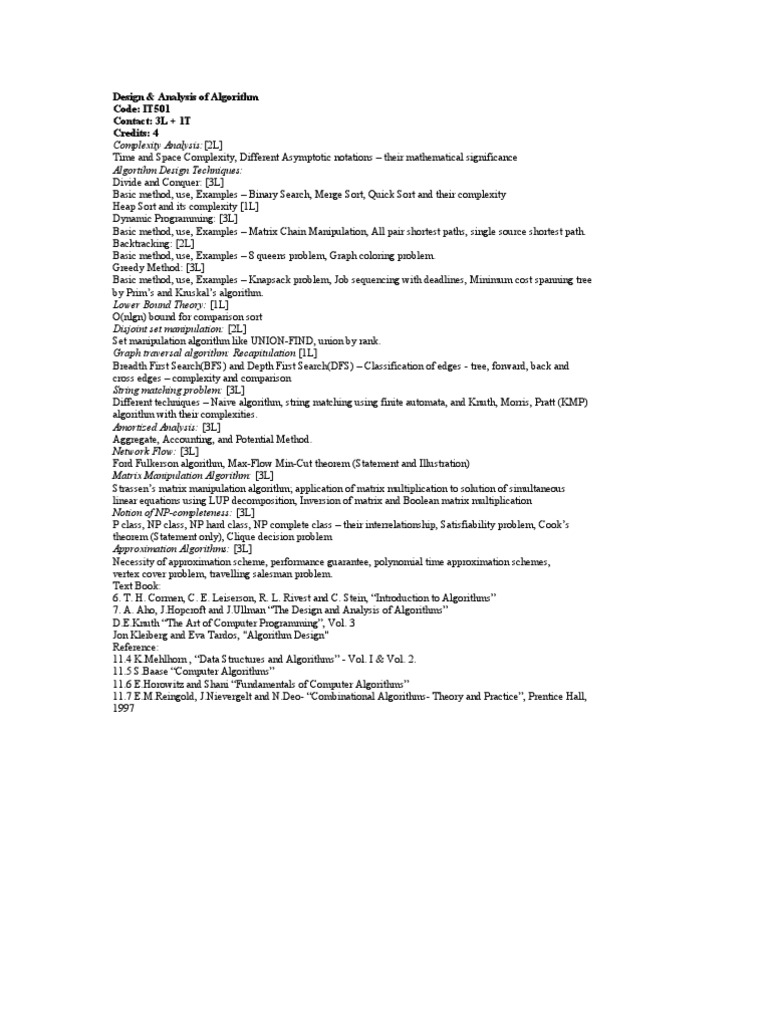 Design & Analysis of Algorithm Code: IT501 Contact: 3L + 1T Credits: 4 | PDF | Computational ...