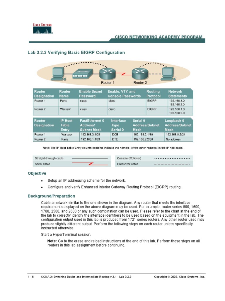 Lab 3.2.3 Verifying Basic EIGRP Configuration: Objective | PDF | Routing | Router (Computing)