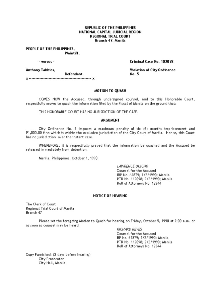 Legal Forms: Motion To Quash | PDF