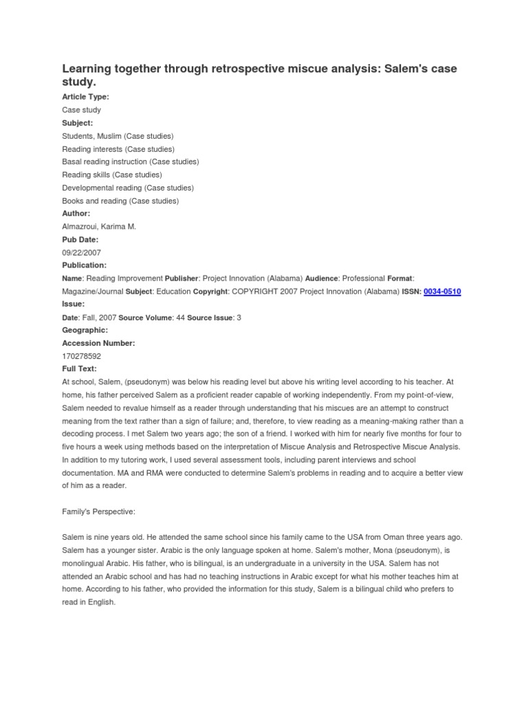 Learning Together Through Retrospective Miscue Analysis: Salem's Case ...