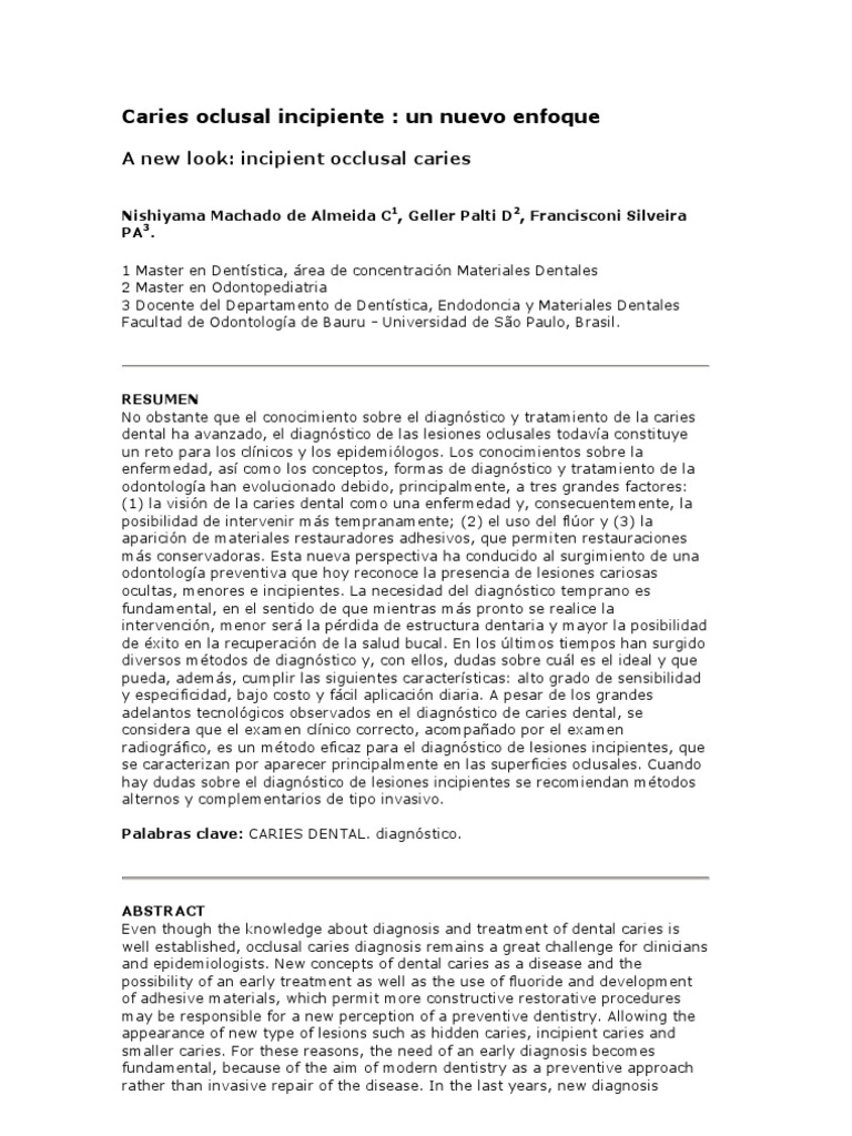 Caries Oclusal Incipiente | PDF | Diente humano | Diagnostico medico