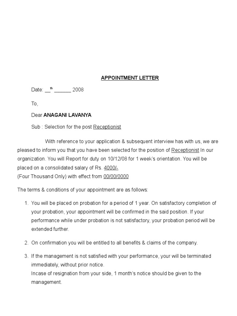 Simple Appointment Letter Format