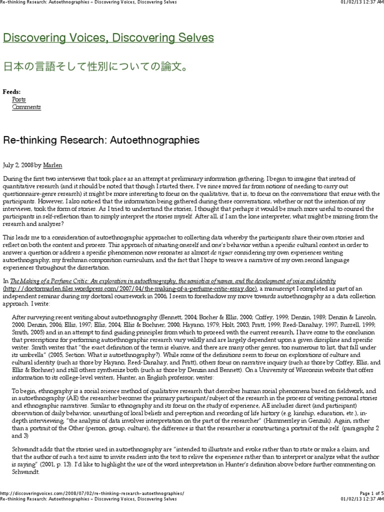 Autoethnographies Discovering Voices Discovering Selves | PDF ...
