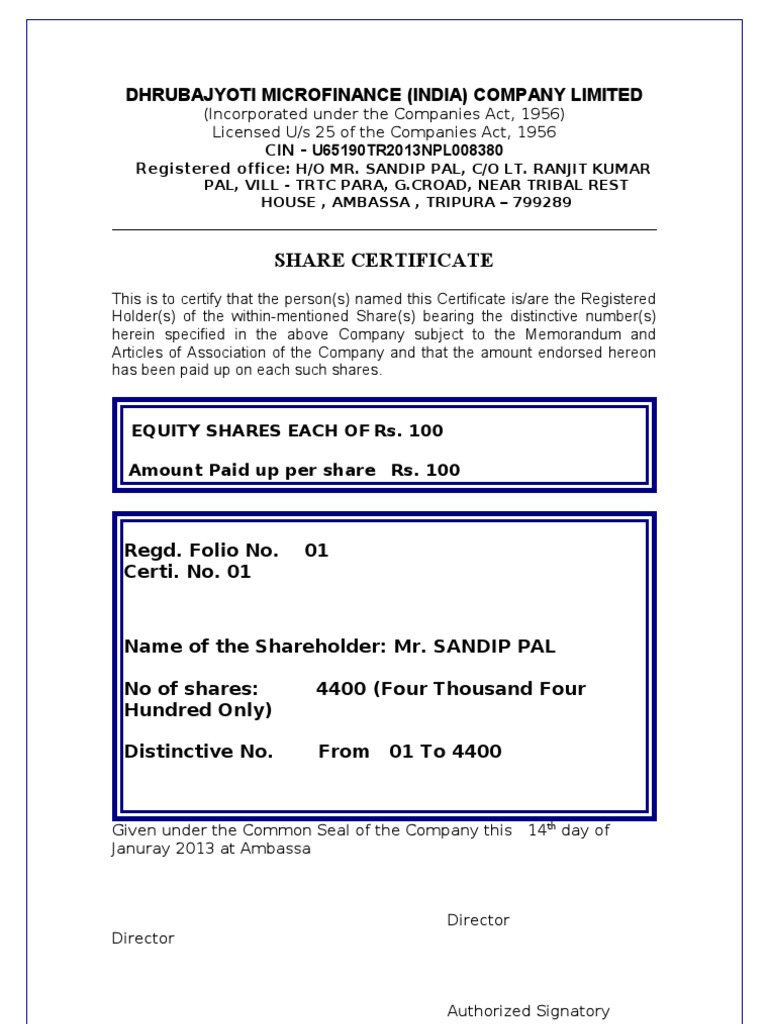 Share Certificate Format for India | PDF | Equity (Finance) | Corporations