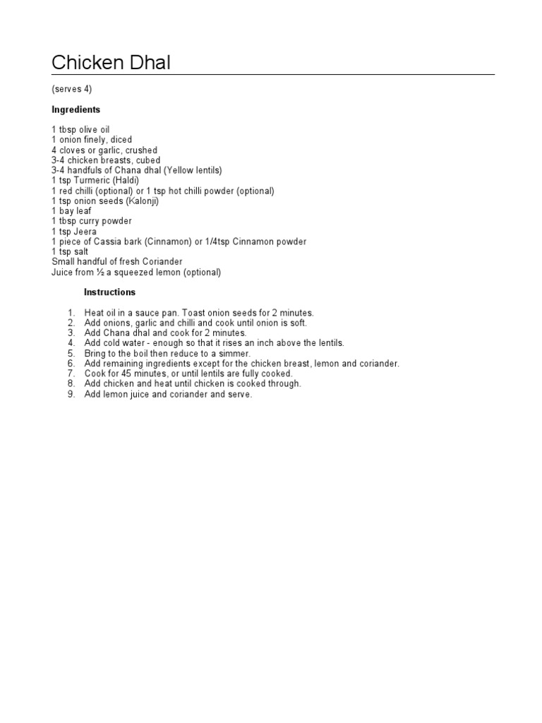 Chicken Dhal Recipe for 4 Servings | PDF