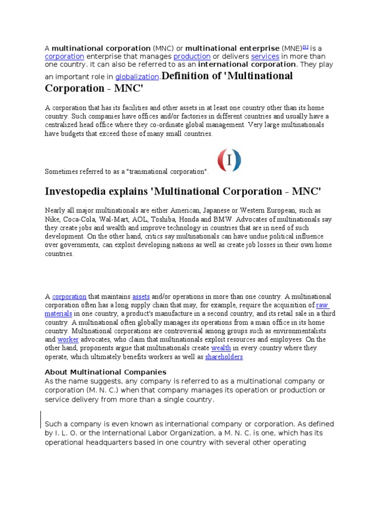 MNC | PDF | Multinational Corporation | Foreign Direct Investment