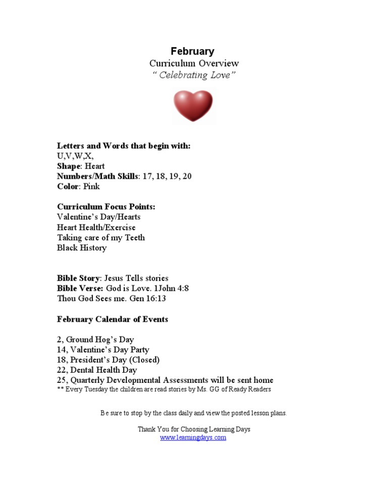 February Preschool Curriculum Overview | PDF | Wellness