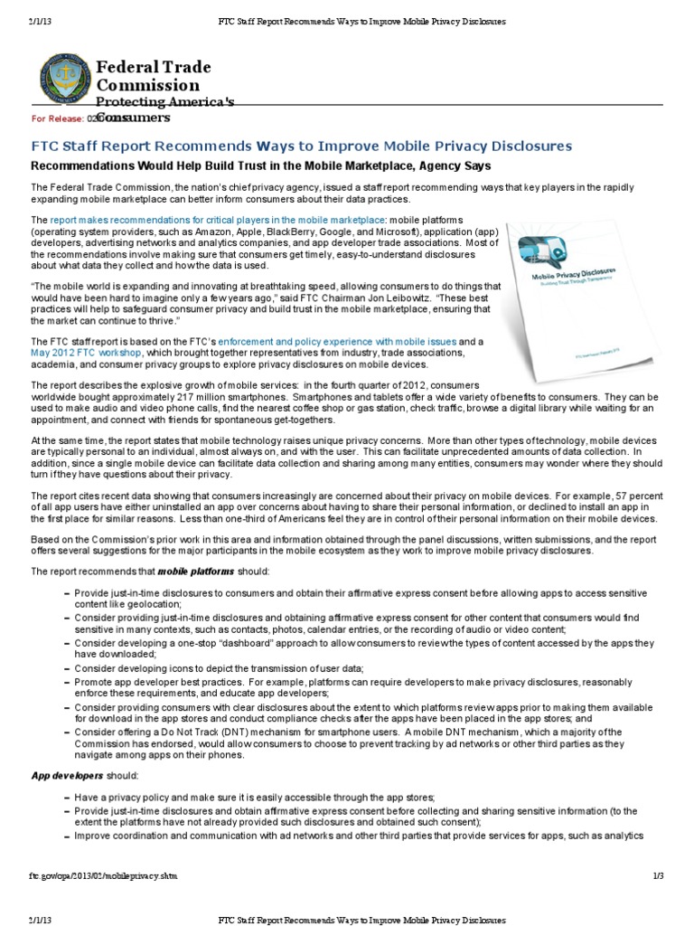 FTC Staff Report On Mobile Privacy Summary | PDF | Federal Trade ...