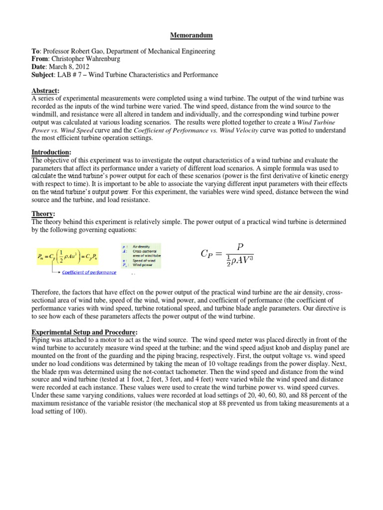 Wind Turbine Efficiency Experiment | PDF | Power (Physics) | Wind Power