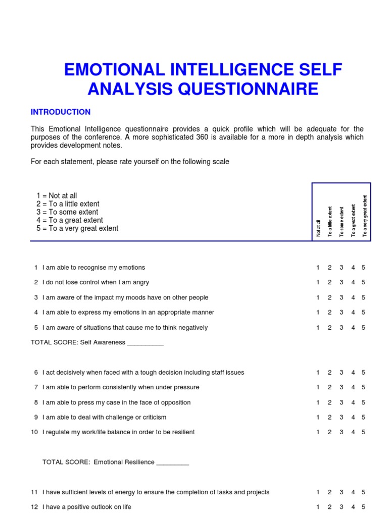 Emotional Intelligence Self Analysis Questionnaire | PDF | Emotional ...