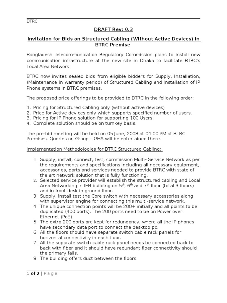 Implementation Methodologies For BTRC Structured Cabling | PDF | Wi Fi | Computer Network