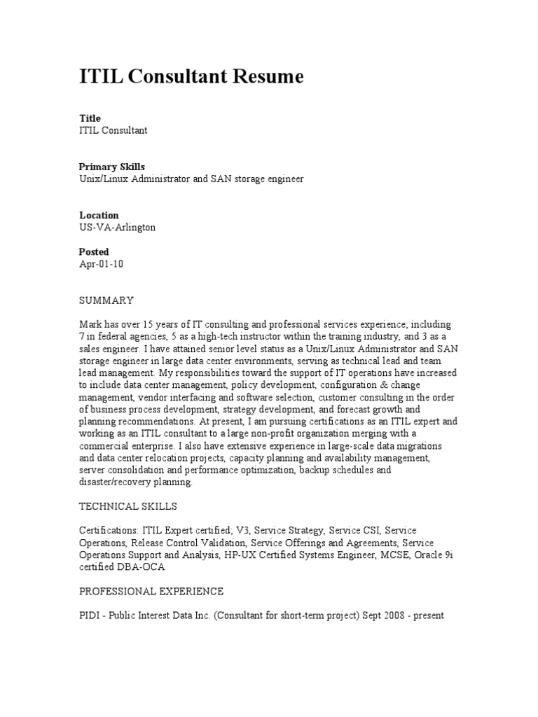 ITIL Consultant Resume. | PDF