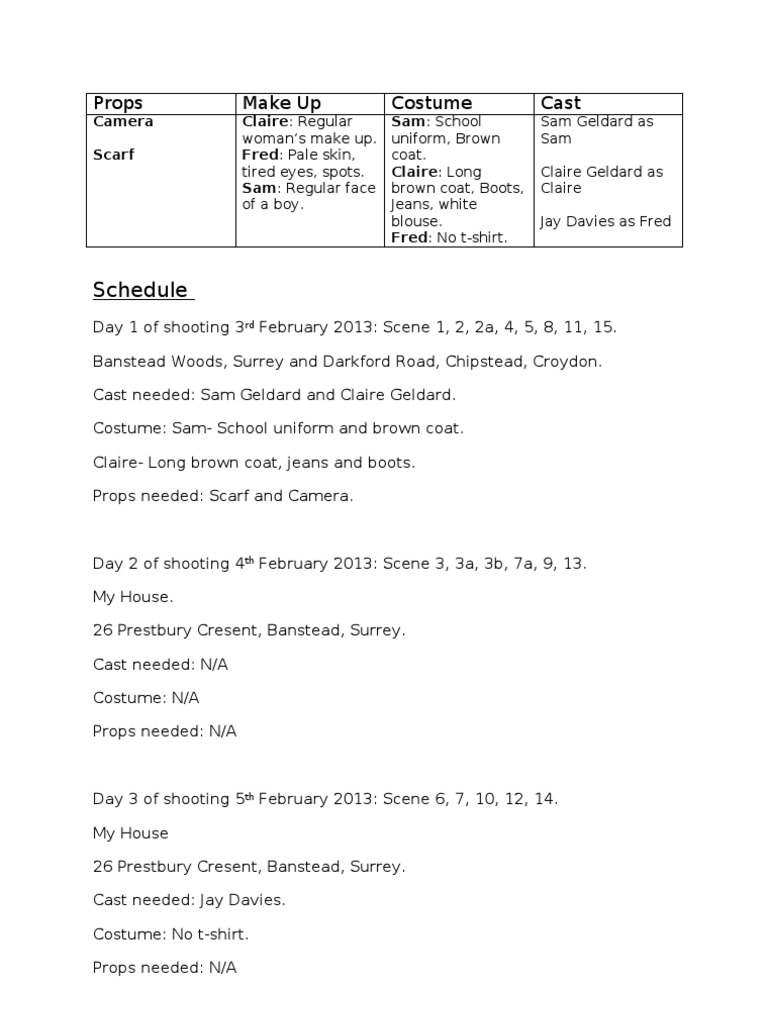 Props, Cast, Make-Up, Costume and Schedule | PDF