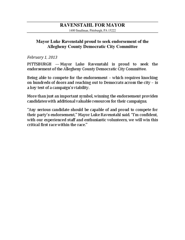 Mayor Luke Ravenstahl Proud To Seek Endorsement of The Allegheny County ...
