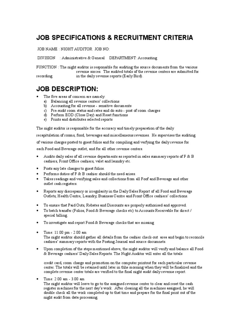 Night Auditor Job Specifications | PDF | Audit | Service Industries