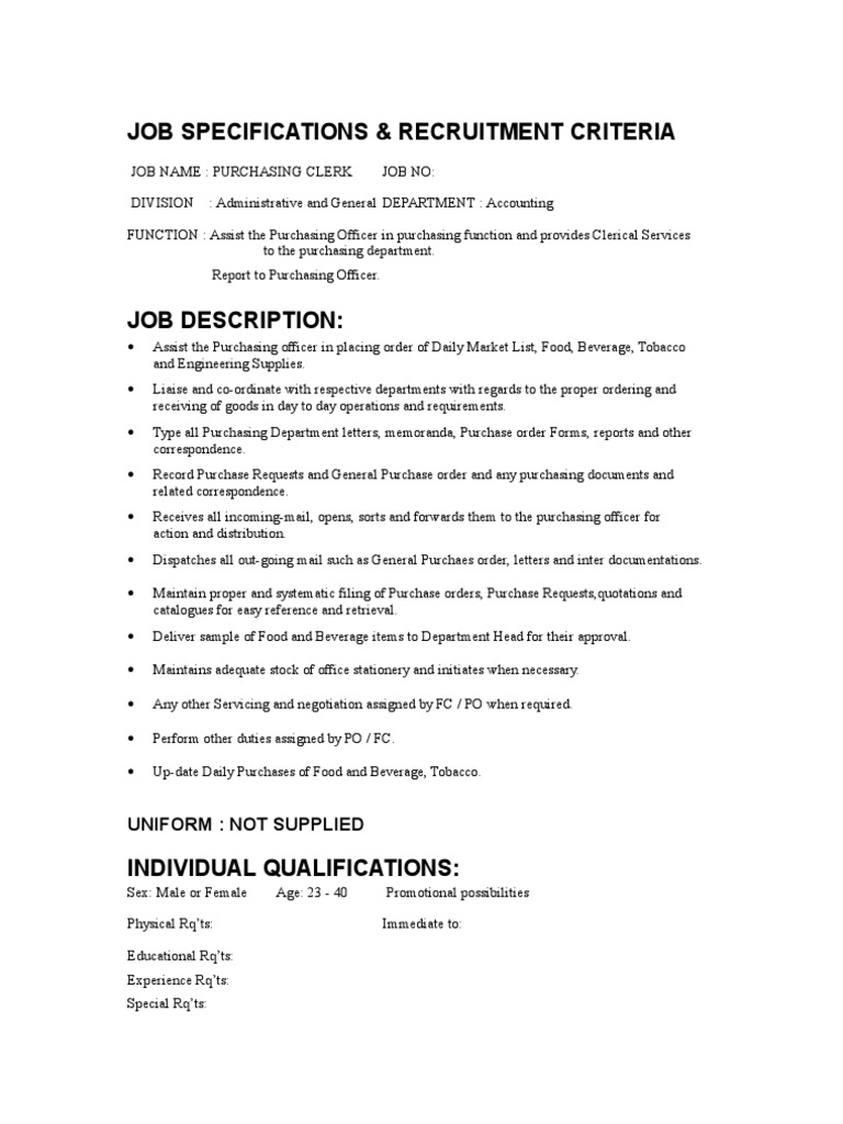 Purchasing Clerk Job Description | PDF