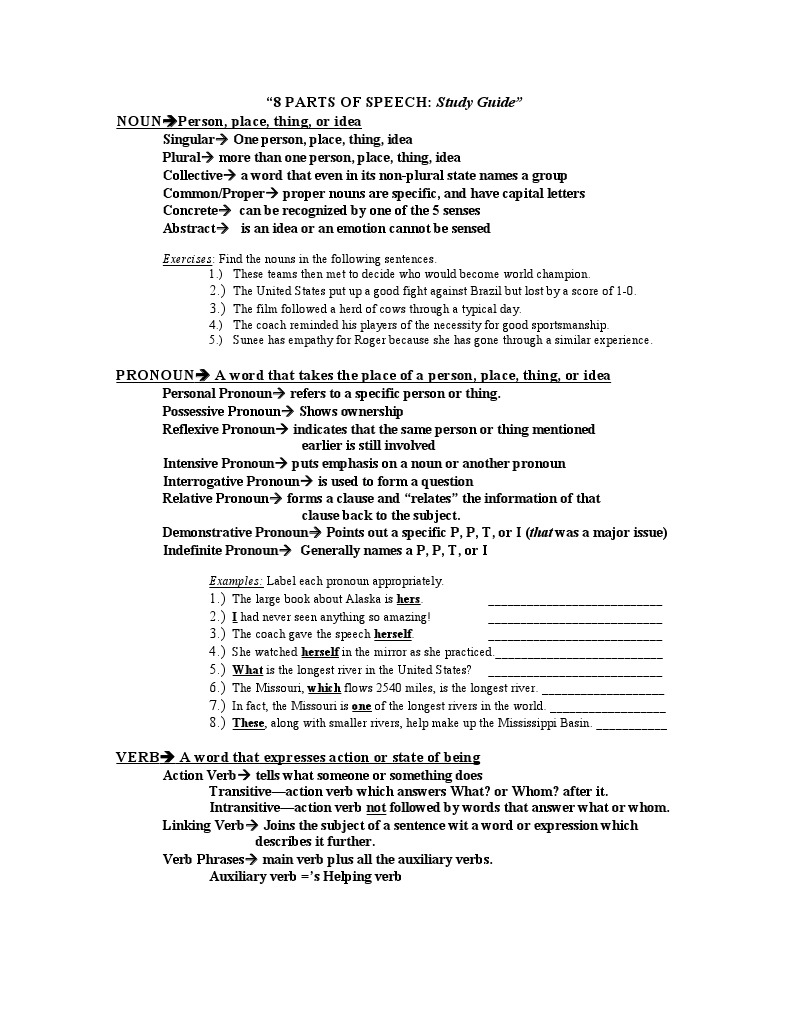 8 Parts of Speech Study Guide | PDF | Verb | Pronoun