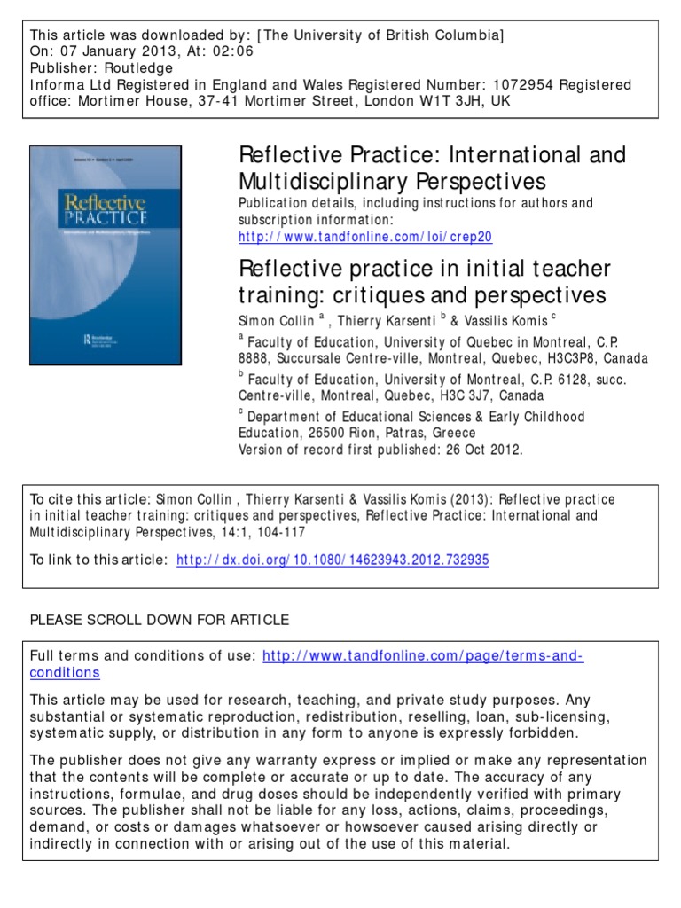 Reflective Practice: International and Multidisciplinary Perspectives | PDF | Educational ...