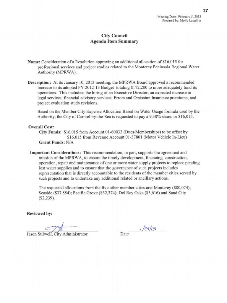 City Council Resolution MPRWA | PDF | Expense | Budgets And Budgeting