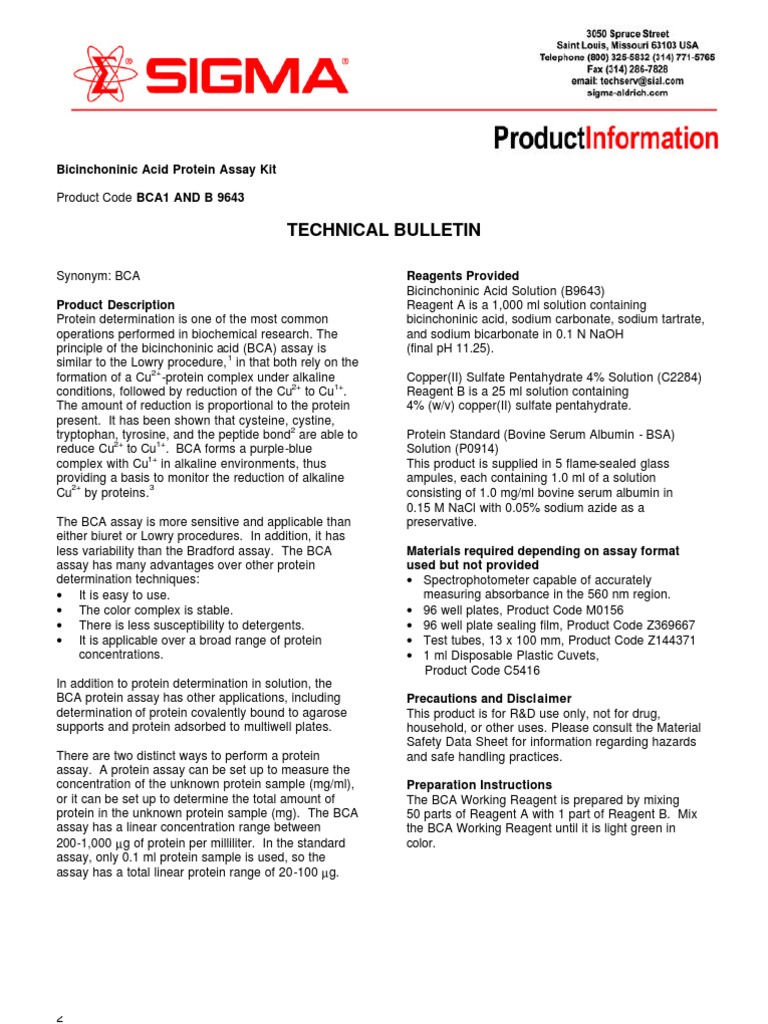 Bicinchoninic Acid Protein Assay Kit, BCA1 and B9643 | Chemical ...