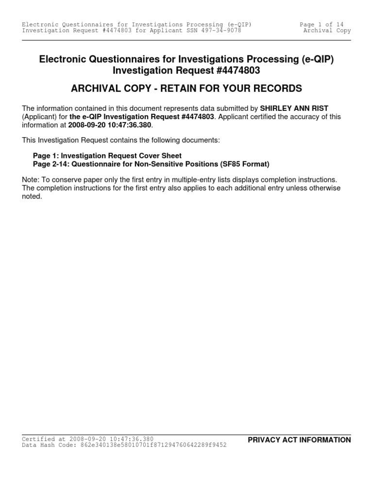 E Qip Investigation Request 4474803 Archival Pdf Security Clearance Federal Government Of