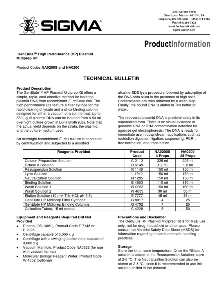 GenElute™ HP High Performance Plasmid Midiprep Kit (NA0200) - Bulletin ...