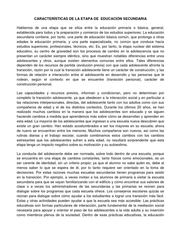CARACTERÍSTICAS DE LA ETAPA DE EDUCACIÓN SECUNDARIA HJKL | PDF | Educación Secundaria | Adultos