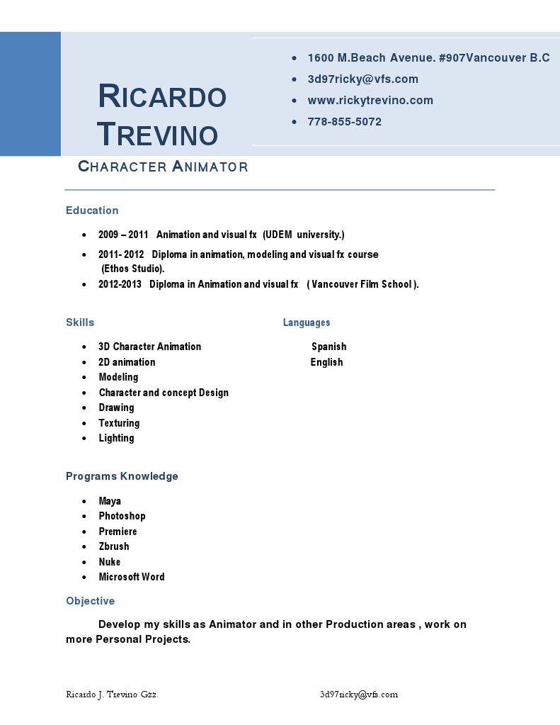 3D Character Animator Resume of Ricardo Trevino | PDF