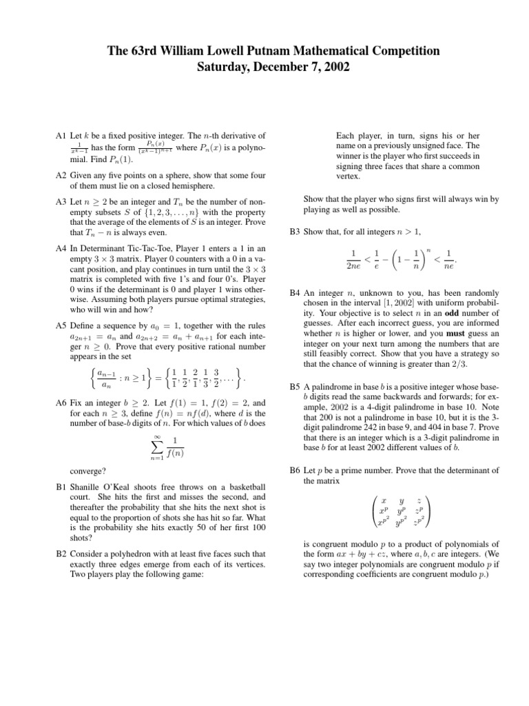 2002 Putnam Mathematical Competition Problems | PDF | Determinant | Integer
