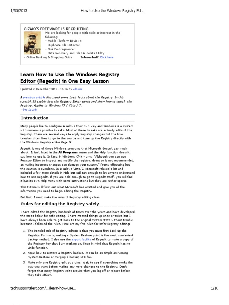 How To Use The Windows Registry Editor (Regedit) in One Easy Lesson ...