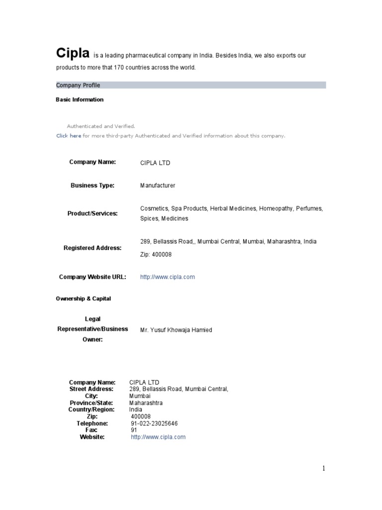 Cipla Company | PDF | Aids Healthcare Foundation | Pharmaceutical Industry