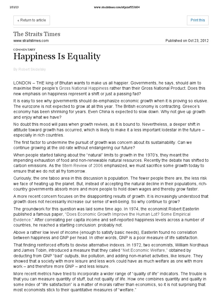 Happiness Is Equality: The Straits Times | PDF | Contentment | Economic ...