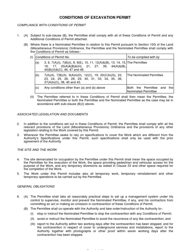 Conditions and Requirements for Excavation Work Permit Compliance | PDF ...