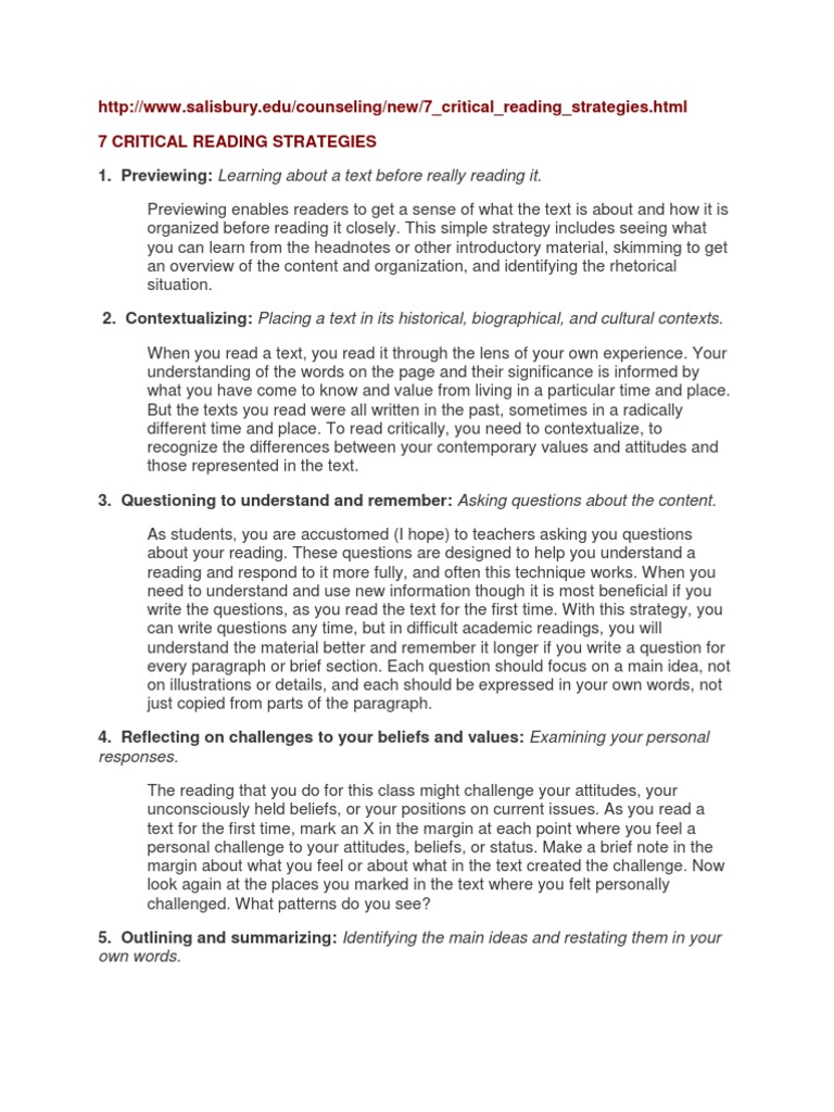 7 Critical Reading Strategies Explained | PDF | Reading Comprehension ...
