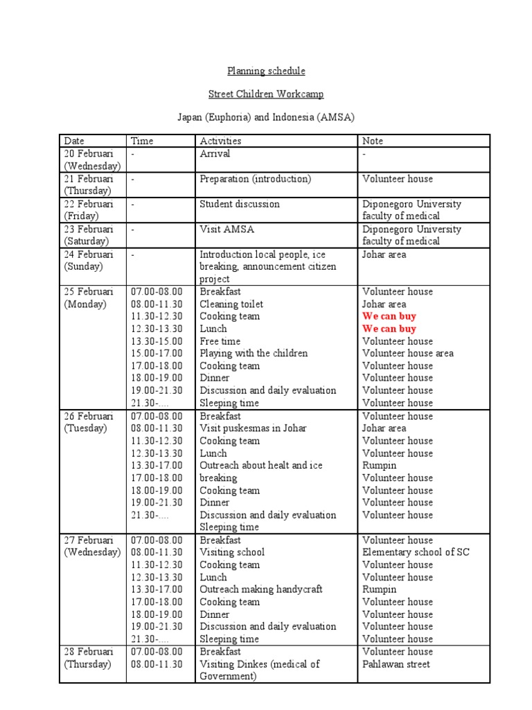 Planning Schedule SC | PDF | Eating Behaviors | Eating Behaviors Of Humans